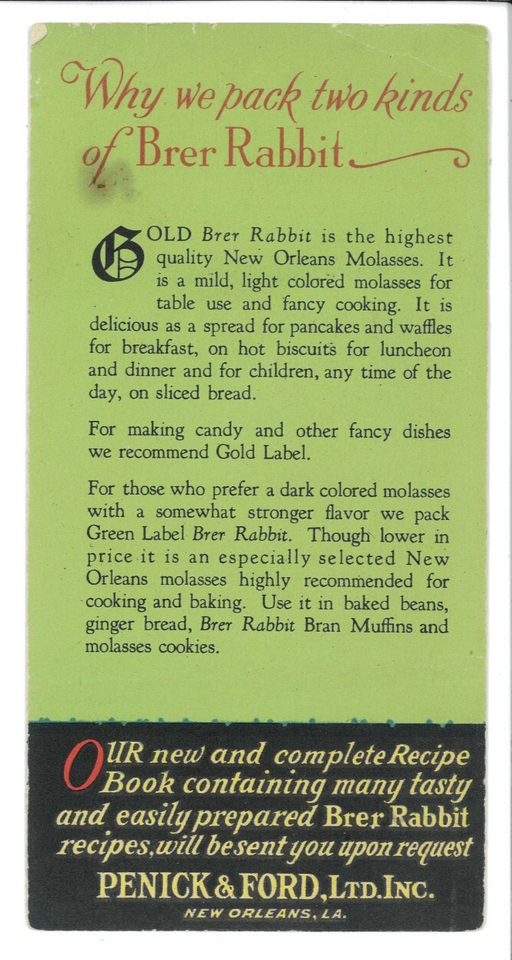Brochure, Recipes, GOLD LABEL, Brer Rabbit MOLASSES, New Orleans, S6D ...