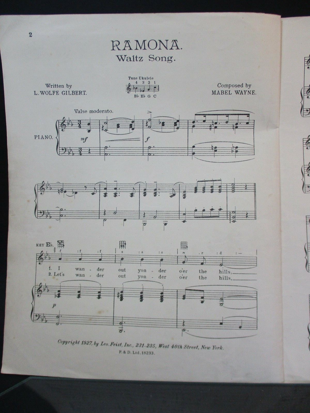 VINTAGE SHEET MUSIC - RAMONA - MABEL WAYNE - FRANCIS DAY & HUNTER LTD ...