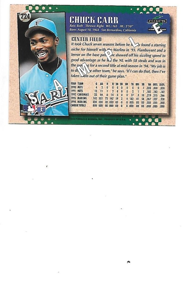 Chuck Carr 1995 Score Sample Baseball Card #224 Florida Marlins | eBay
