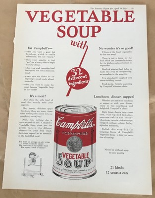 Campbell's vegetable soup print ad 1924 orig vintage 1920s art home ...