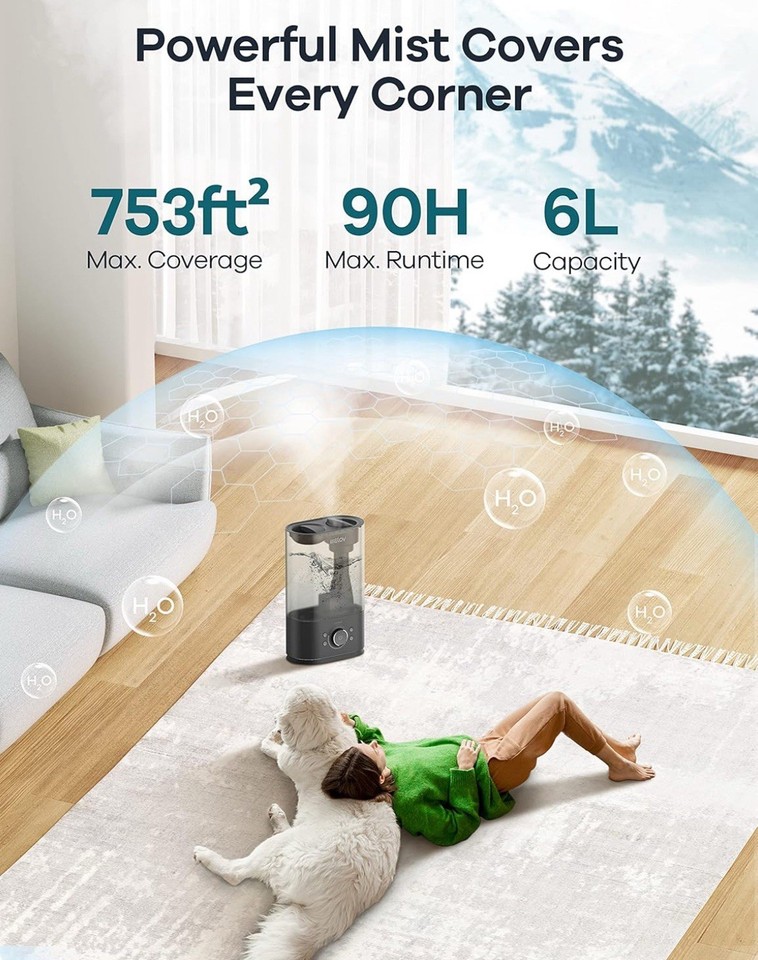 WELOV Humidifiers for Bedroom 6L, BoostMist Cool Mist Humidifiers, 22dB ...