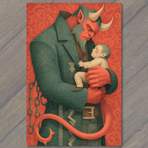 Art Print Red Horned Demon Holding Baby Fantasy Protector Mythic ...