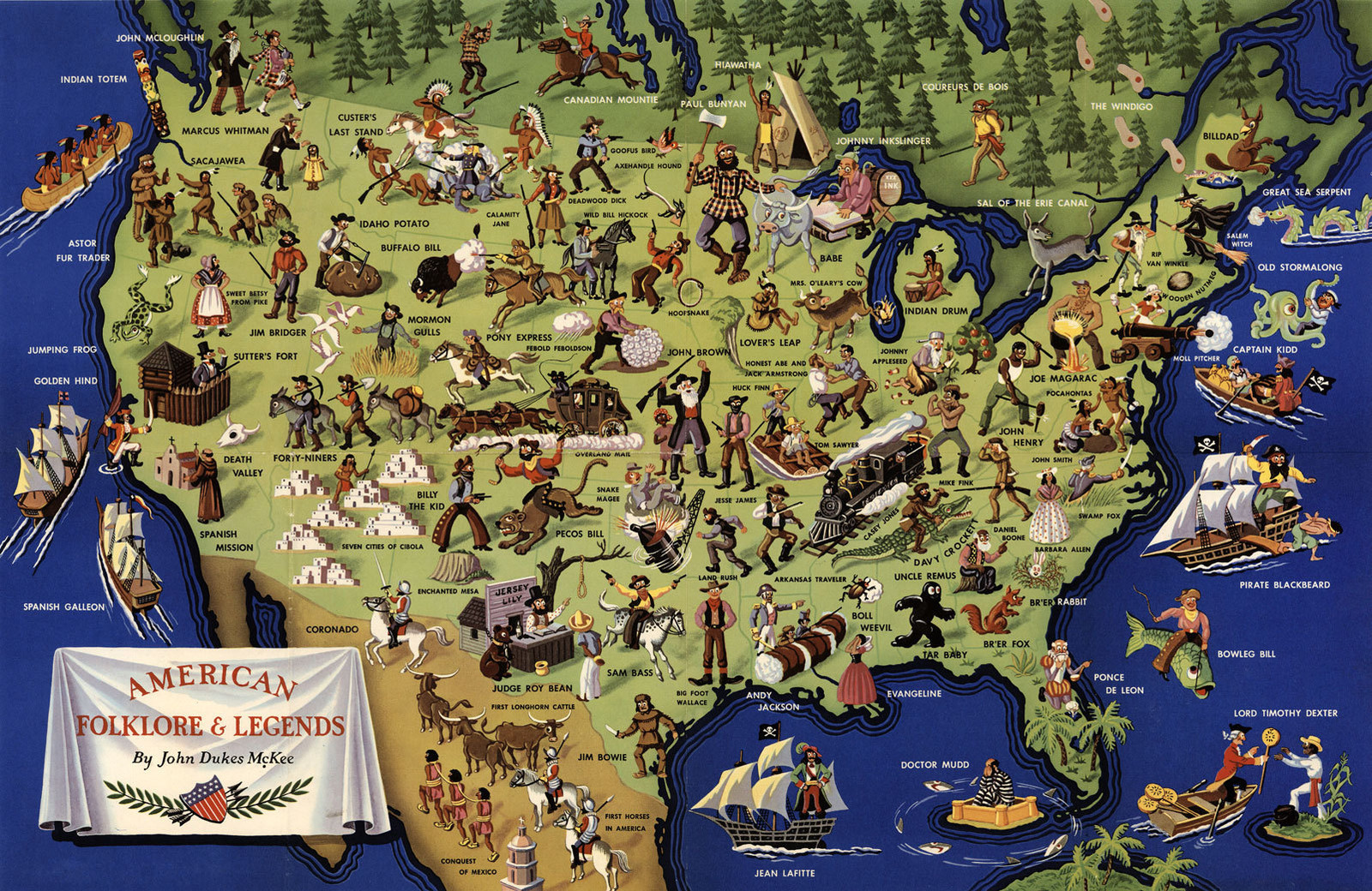 Midcentury Pictorial Map American Folklore and Legends Historical ...