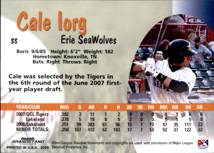 2009 Erie Seawolves Grandstand 11 Cale Iorg Knoxville Tennessee TN ...