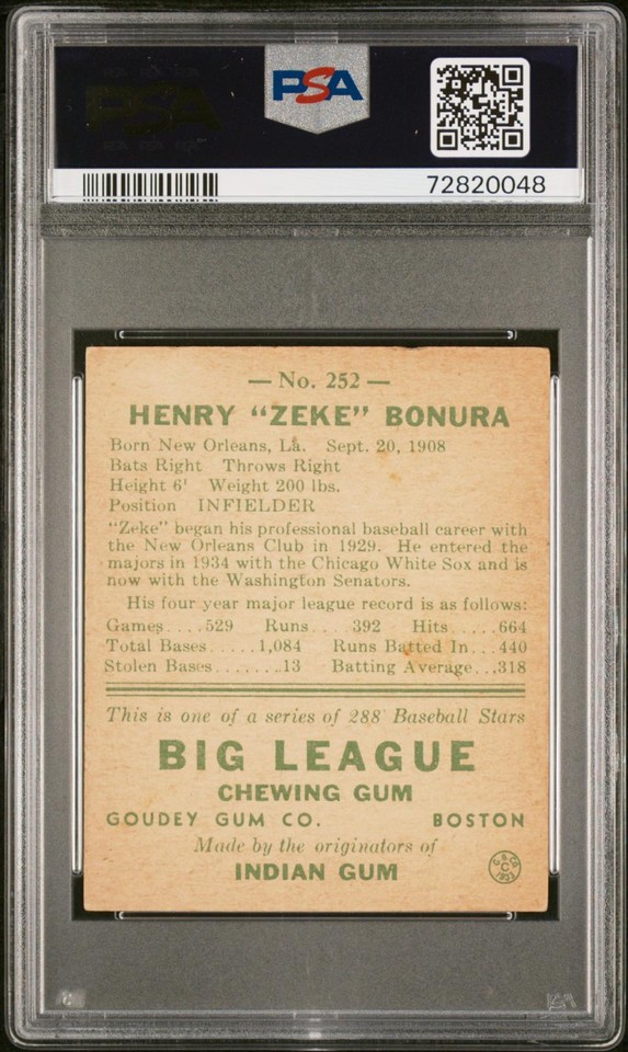 1938 GOUDEY ZEKE BONURA #252 PSA 2 NEW LABEL VINTAGE BASEBALL | eBay