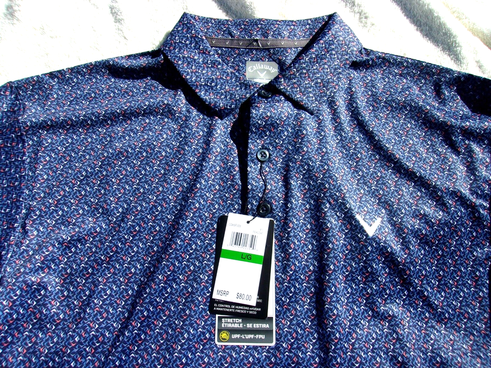NWT Callaway Opti Dry golf polo, men's L, navy blue, with pattern, $80 ...