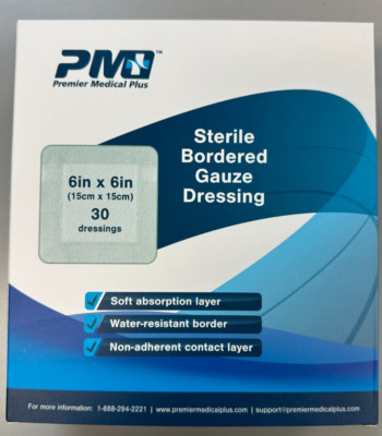 Premier Medical Plus Sterile Bordered Gauze Wound Care Dressing 6x6 Box ...