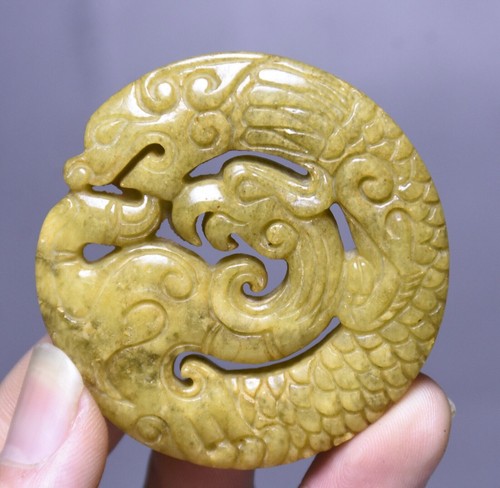 Unique Natural Old Jade Fengshui Dragon Phoenix Beast Bi Yubi Amulet ...