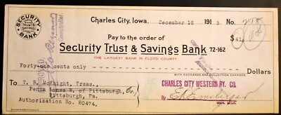Charles City Western Railway Iowa 1913 Antique Bank Check | eBay