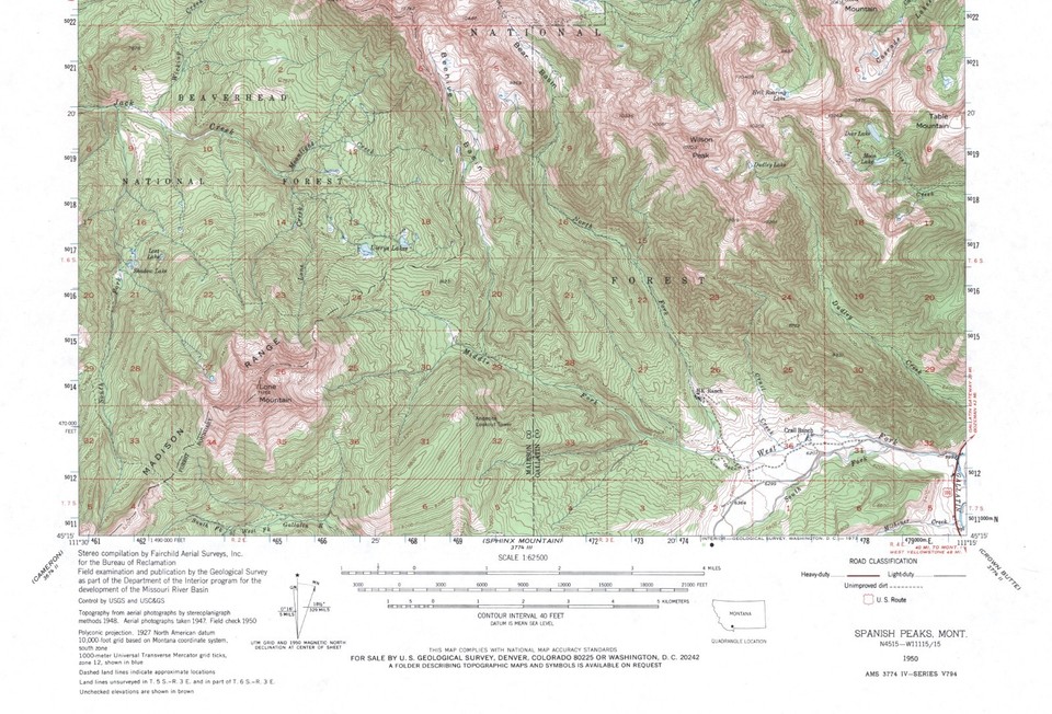 Spanish Peaks Quadrangle Montana 1950 Topo Map USGS 15 Minute ...