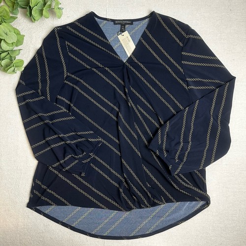 Banana Republic Women's Size M Petite Faux Wrap Blouse Navy Chain Link ...