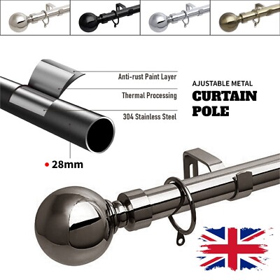 Extendable Metal Curtain Pole Rod 28mm W Superior Finials, Rings & Rod ...
