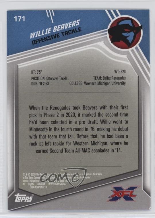 2020 Topps XFL Blue /25 Willie Beavers #171 | eBay