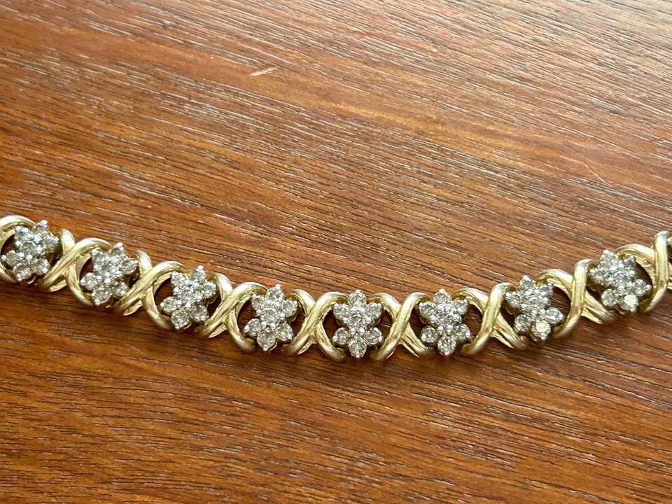 HEAVY 14k Yellow Gold X Design 3.5ctw Diamond Tennis Bracelet Signed ...