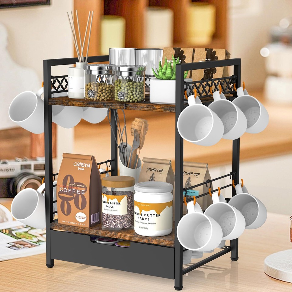 Coffee Bar Organizer Countertop 2 Tier Mug Cup Holder Stand with 12 ...
