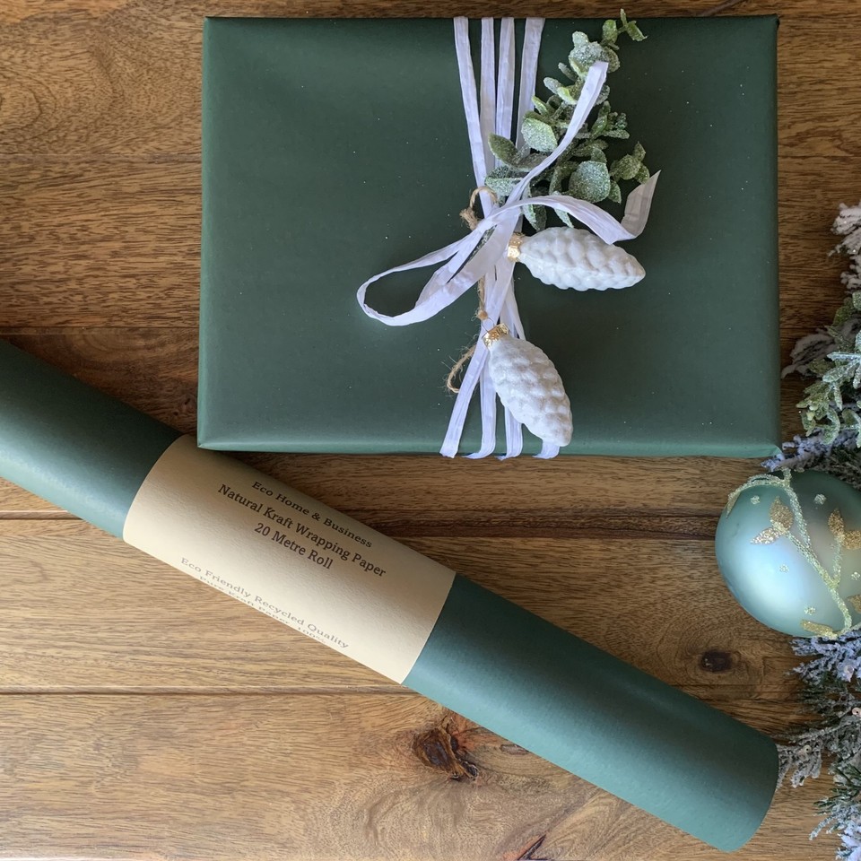 KRAFT Christmas Wrapping Paper Spruce Foliage Gold Green Eco Printed ...
