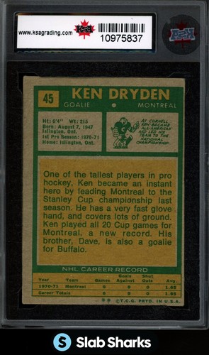 1971-72 TOPPS KEN DRYDEN ROOKIE RC #45 KSA 5 | eBay