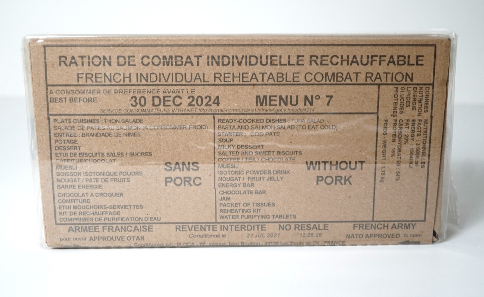 French Army RCIR Ration Pack Menu 7 (Expiry Dec 2024) NATO 24 Hour Meal ...