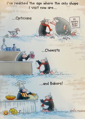 Funny Eric the Penguin Birthday Greeting Card ~ Eric Visiting Shops ...