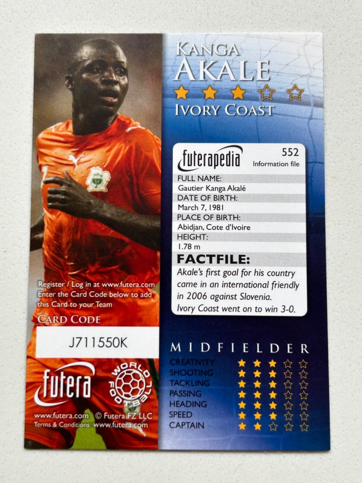 2010 Futera World Football Ruby Midfielder Card 'Kanga Akale' Ivory ...