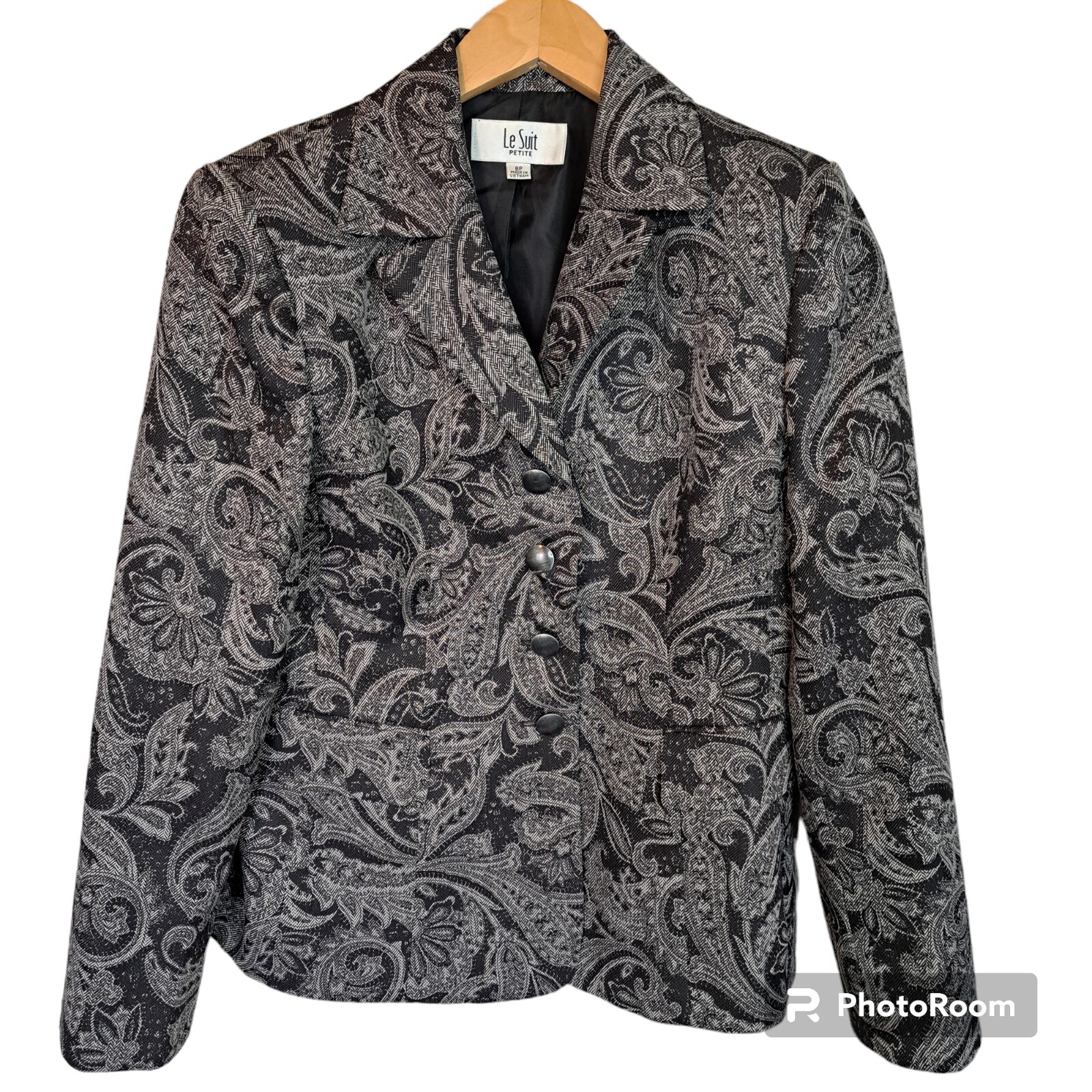 Le Suit Women’s Petite Black/ Gray Floral 4 Button Blazer Jacket Size ...