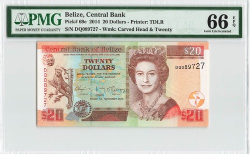 BELIZE 20 Dollars 2014, P-69e, PMG 66 EPQ Gem UNC, Older Date, QEII ...