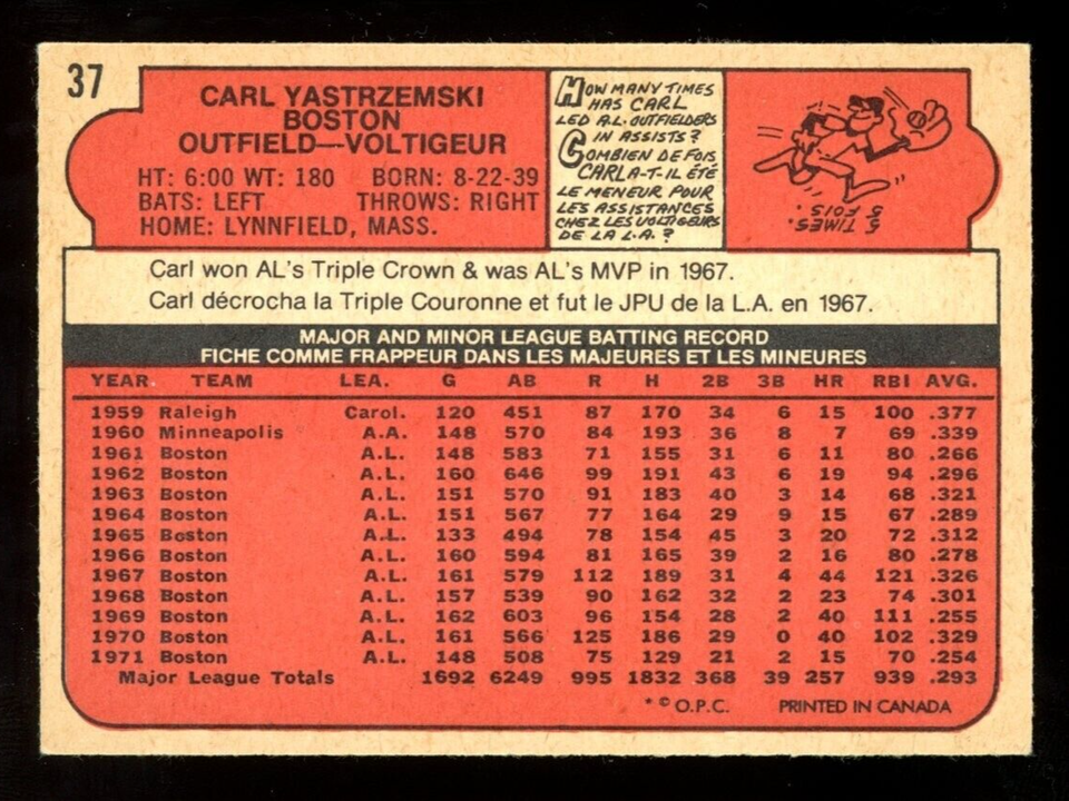 1972 TOPPS OPC O PEE CHEE BASEBALL #37 CARL YASTRZEMSKI HOF EX+ BOSTON ...