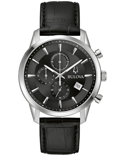 Bulova Sutton Chronograph Quartz Black Dial Leather Strap Men's Watch ...