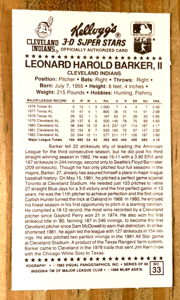 1983 KELLOGG'S 3D LEN BARKER SUPER STARS CARD#33 NM-MT RANGERS INDIANS ...