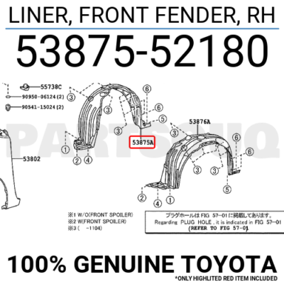 5387552180 Genuine Toyota LINER, FRONT FENDER, RH 53875-52180 | eBay