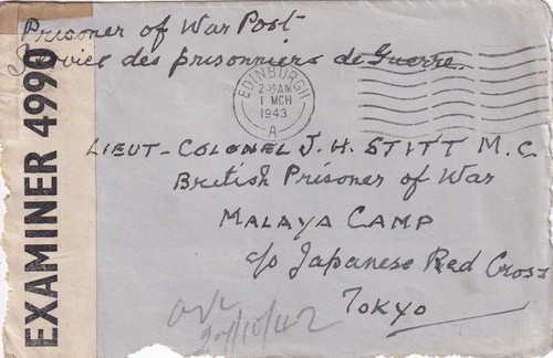 1943 GB EDINBURGH to POW MALAYA CAMP c/o JAPAN RED CROSS TOKYO. COLONEL ...