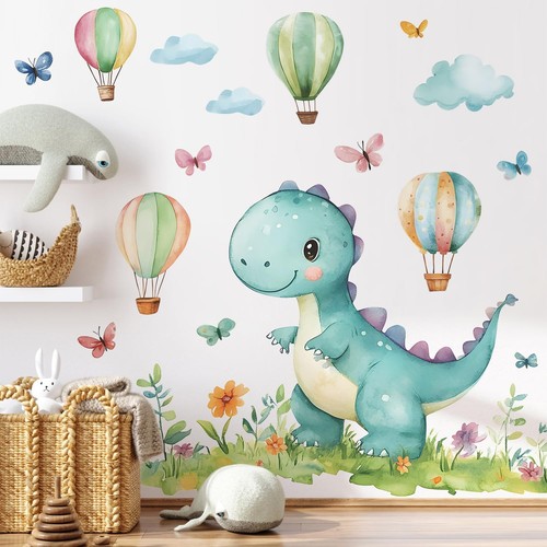 2 Sheets Removable Cartoon Dinosaur Wall Decals Watercolor Hot Air ...