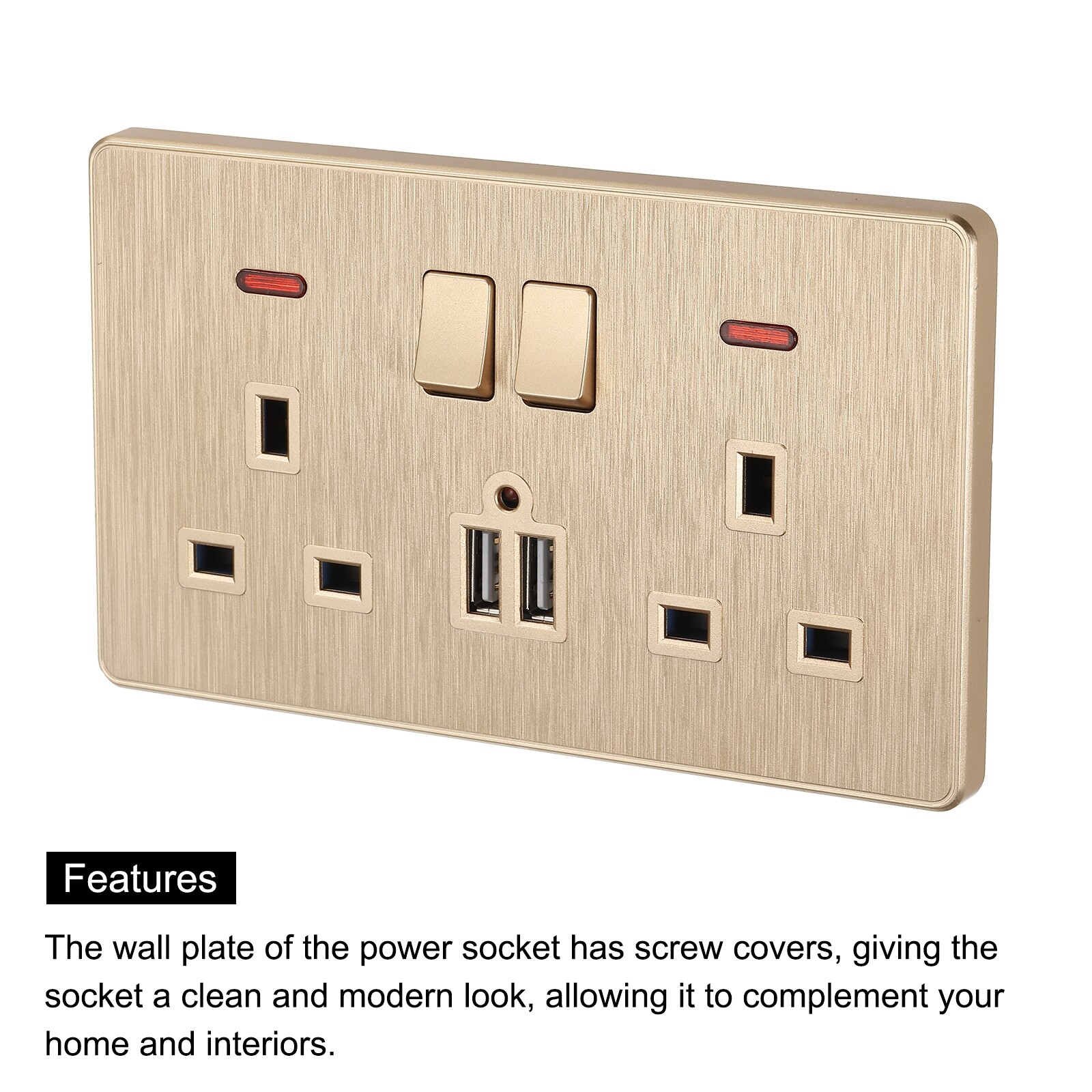 Dual UK Socket Switched Multi Power Outlet Dual USB Gold Tone 250V 13A ...