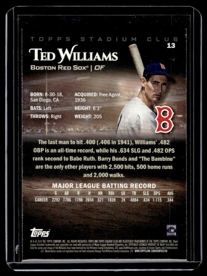 2019 Stadium Club Ted Williams Boston Red Sox #13 | eBay