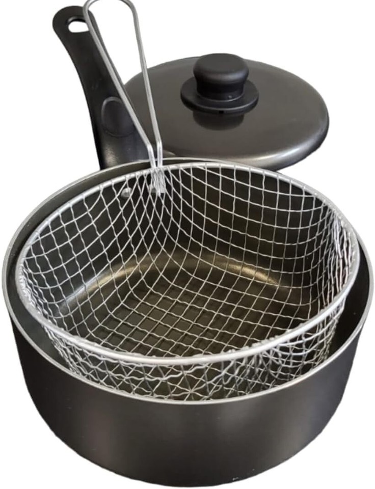 Chip Pan Fryer With Wire Basket and Lid Non Stick Aluminium Deep Fry ...