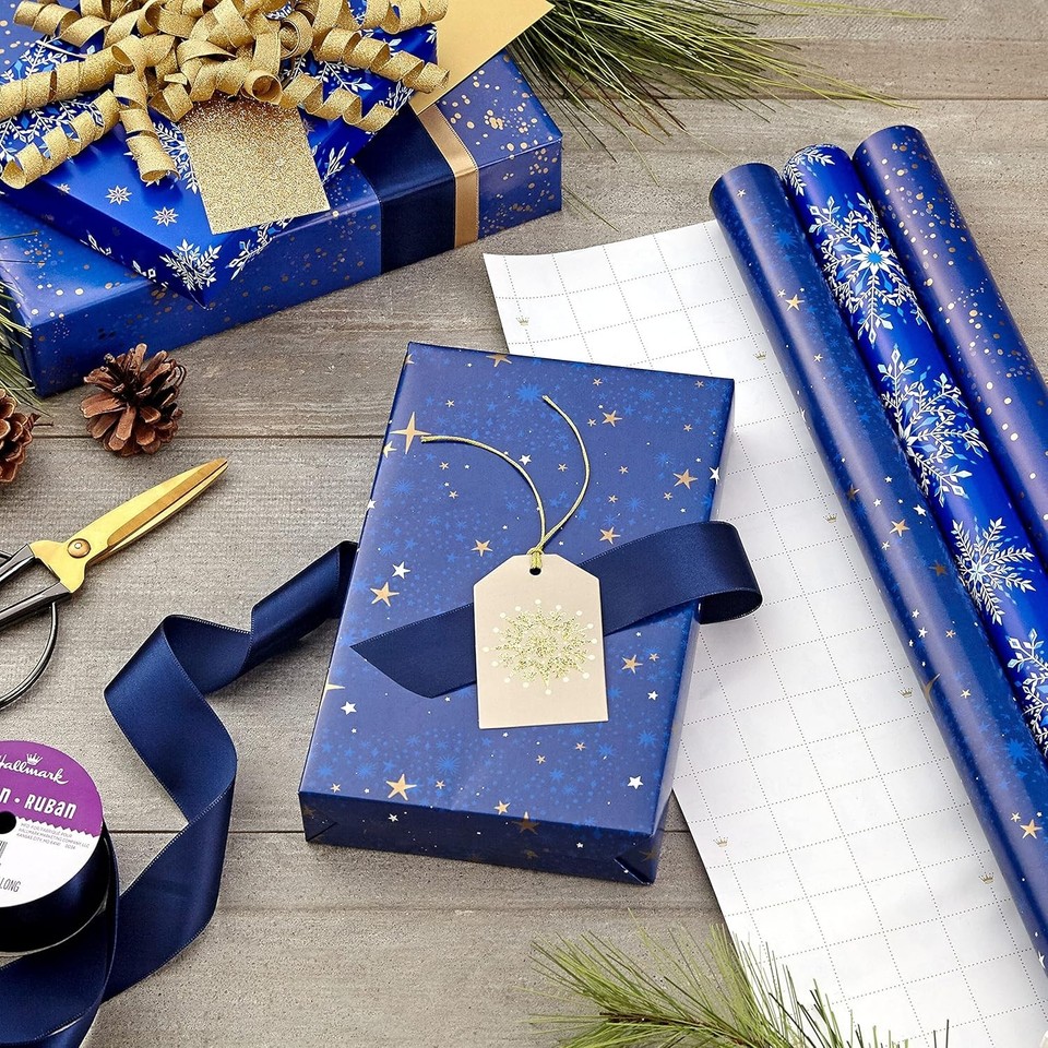 Navy Blue & Gold Star Wrapping Paper Rolls - 120 sq ft, Perfect for ...