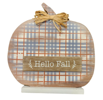 Wooden Pumpkin Tabletop Sign "Hello Fall" Rustic Farmhouse Plaid 12 in ...
