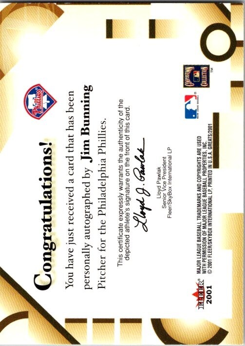 2001 Fleer Greats of the Game JIM BUNNING Philadelphia Phillies AUTO ...