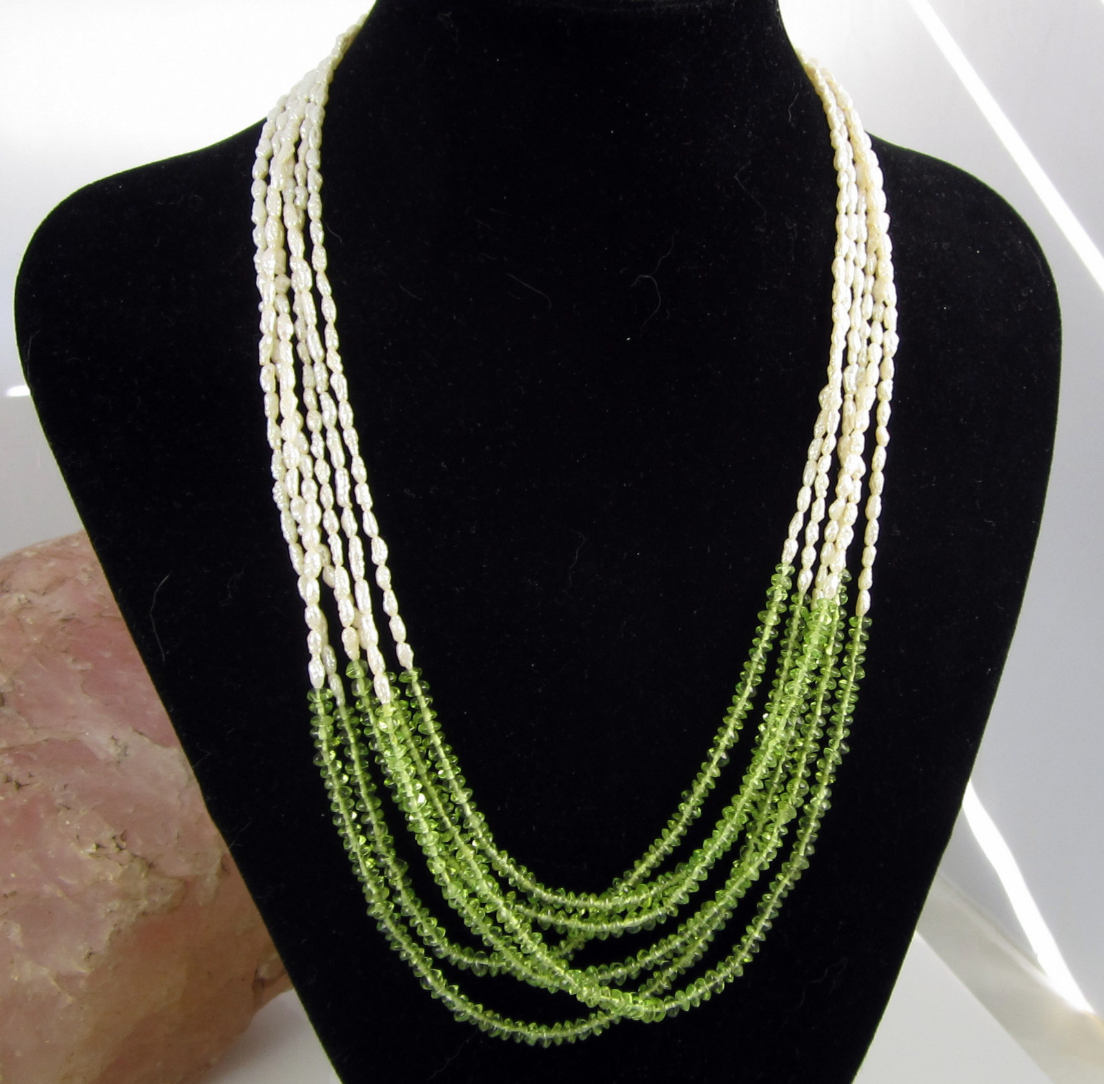 Estate Vintage Sterling Silver Green Peridot & Pearl Torsade 6 Strand ...