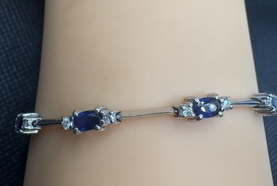 14K White Gold Genuine Blue Sapphire & Diamond Bracelet 6.75” 8g ...