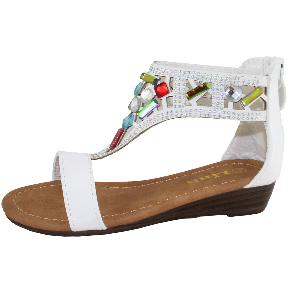 New girl's kids back zipper sandals white color rhinestones gladiator ...