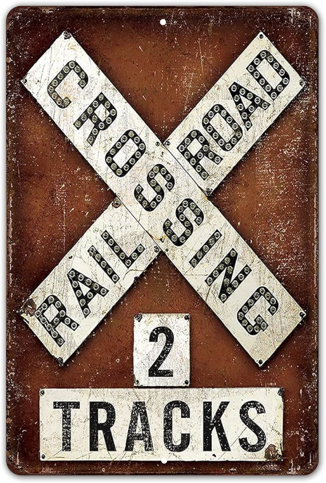 Railroad Crossing Two 2 Train Tracks Sign Tin Vintage Look Garage Bar ...