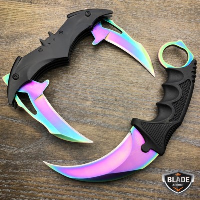 2 PC Dual Blade Spring Assisted Folding Pocket Knife + Karambit Fixed ...
