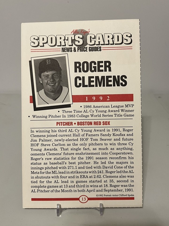 Roger Clemens Boston Red Sox 1992 Allan Kaye's Sports Cards Portrait ...