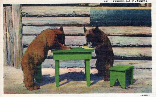 Learning Table Manners Cute Bears at Table Munching Away Linen Vintage ...