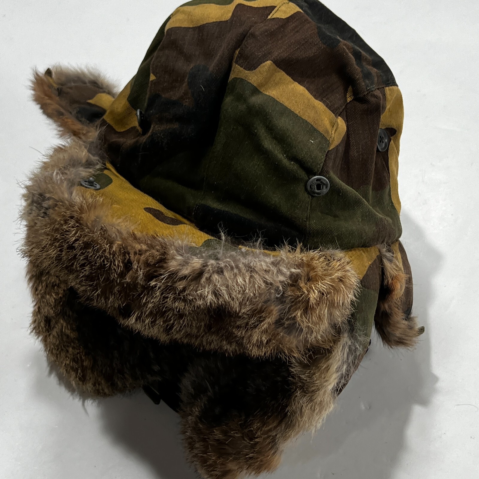 Vintage Camouflage Leather Rabbit Fur Aviator Trapper Hat Large Camo ...