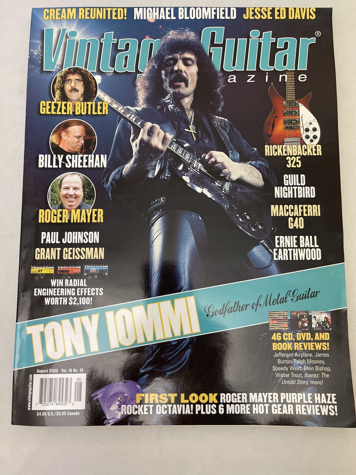 Vintage Guitar Magazine Aug 2005 Tony Iommi Geezer Butler Billy Sheehan ...