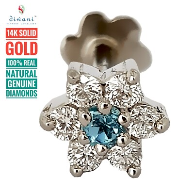 Natural 6 Diamonds & 1 Gemstone Flower Nose Lip Labret Piercing Pin ...