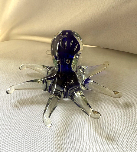 Vintage Hand Blown Art Glass Octopus Blue Clear Paperweight Figurine | eBay