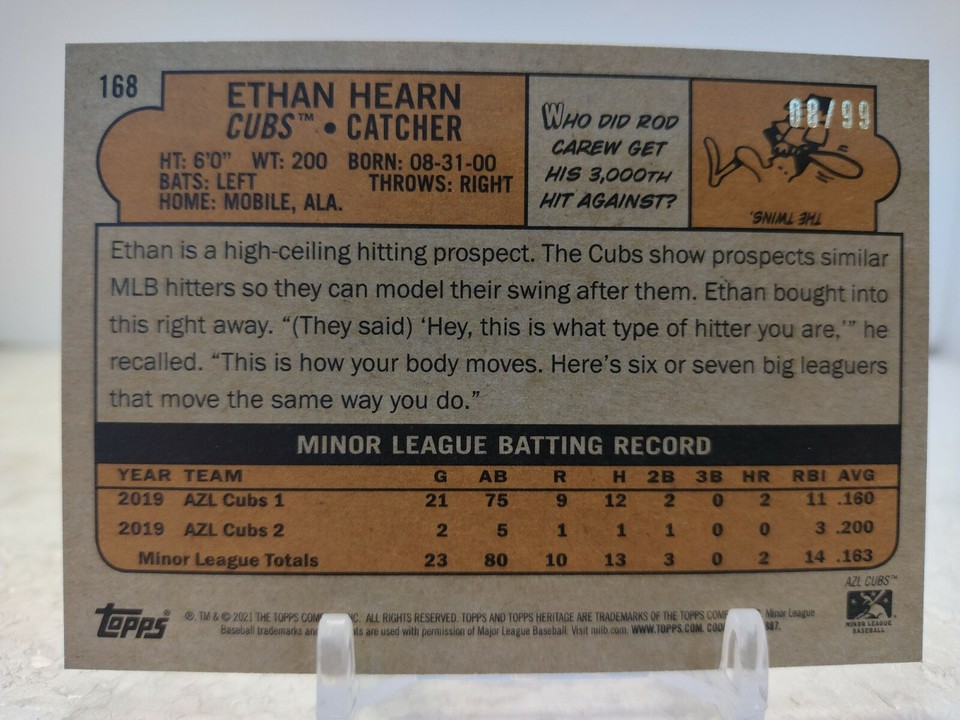 ETHAN HEARN #/99 BLUE 2021 Topps Heritage Minor League Parallel #168 ...